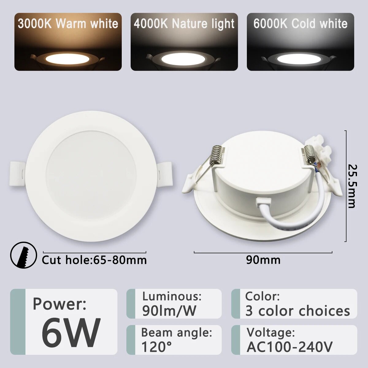 Светодиодный потолочный светильник 6W, 6000K, 12PCS