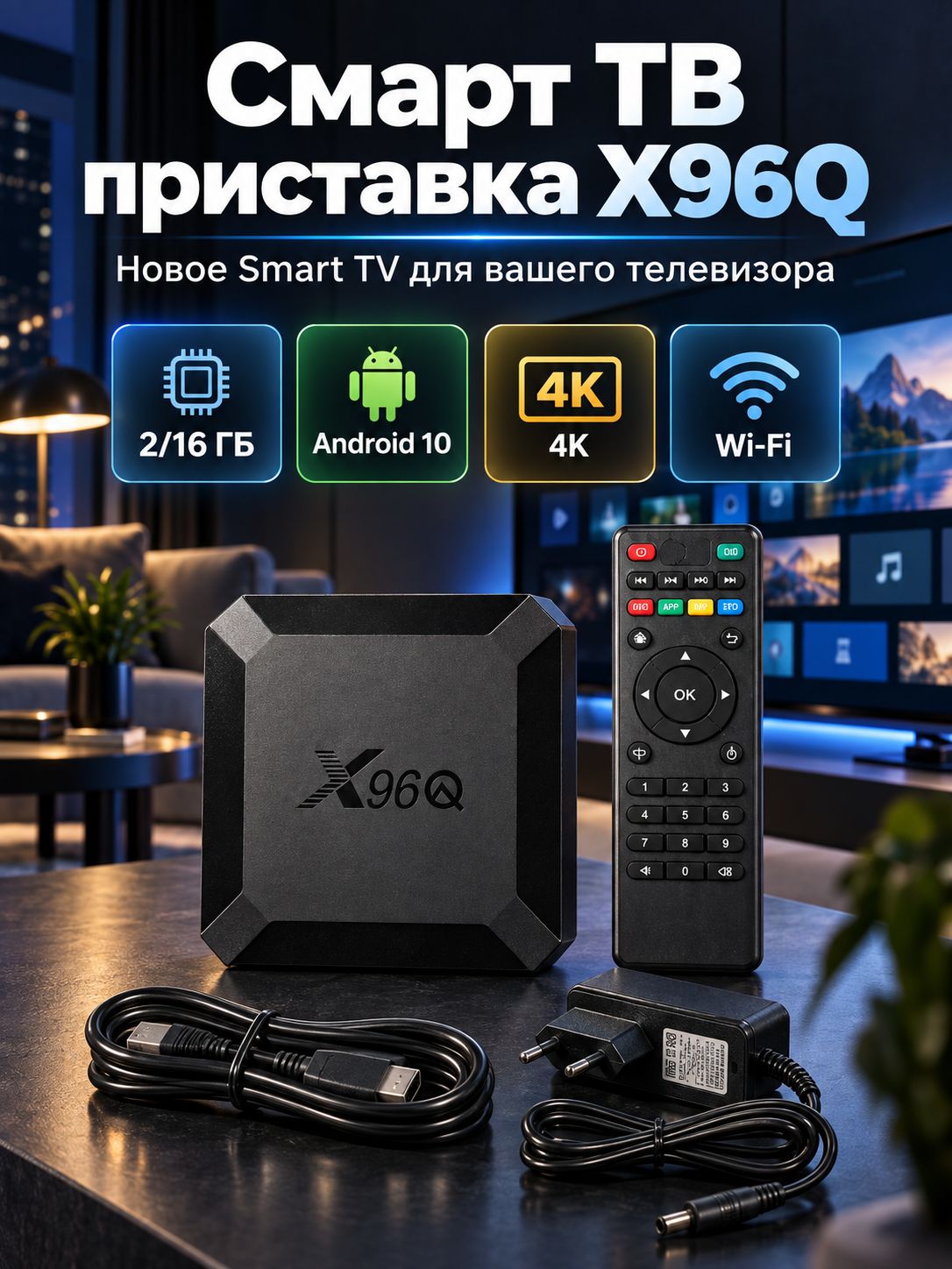 Смарт ТВ приставка для телевизора Wi-Fi X96Q 2/16 ГБ Андроид 10 4K, медиаплеер для цифрового ТВ с пультом