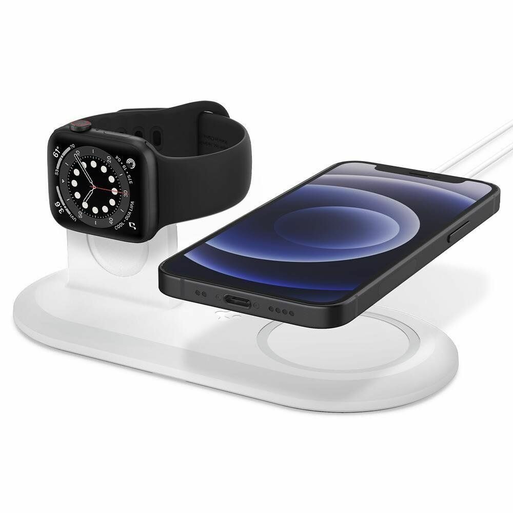 Док-станция Spigen на беспроводной зарядки смартфона и смарт-часов (AMP02797) MagFit Duo (MagFit) / Спиген Док-станция Белая