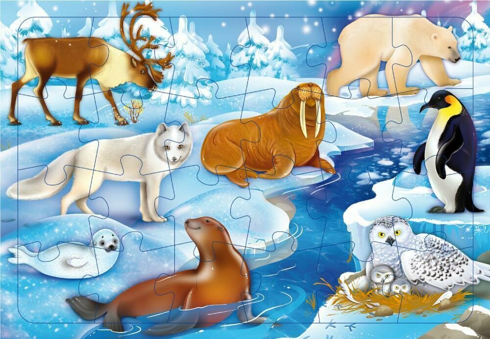 Пазл для малышей крупные детали на подложке В снегах 24 детали, на листе