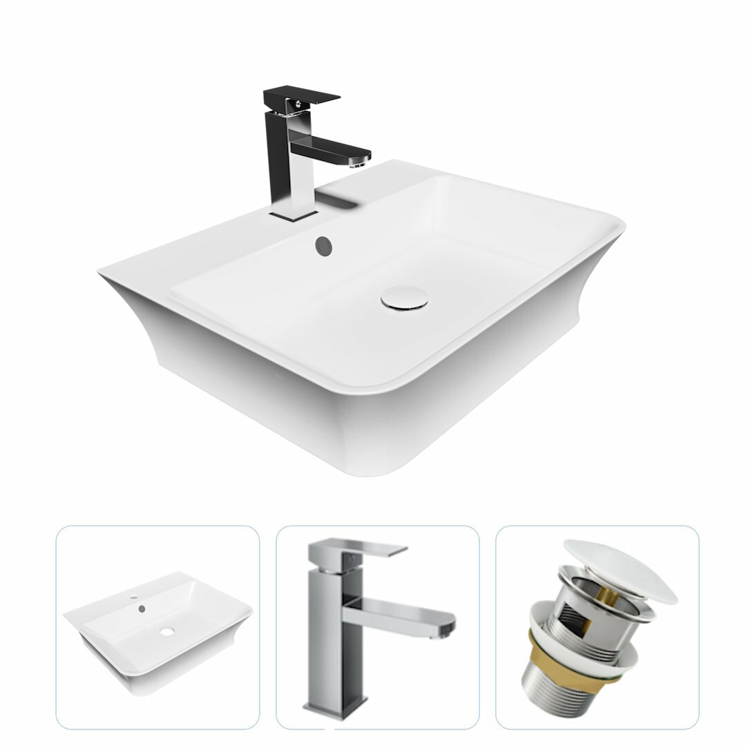 Раковина накладная для ванной Teymi Aina 49 в комплекте смеситель хром и донный клапан клик-клак с переливом белый F01645