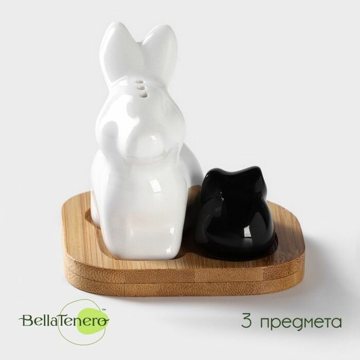 Набор для специй BellaTenero фарфоровый на бамбуковой подставке "Зайцы" 3 предмета: солонка 50 мл, перечница 20 мл, подставка, цвет белый и чёрный