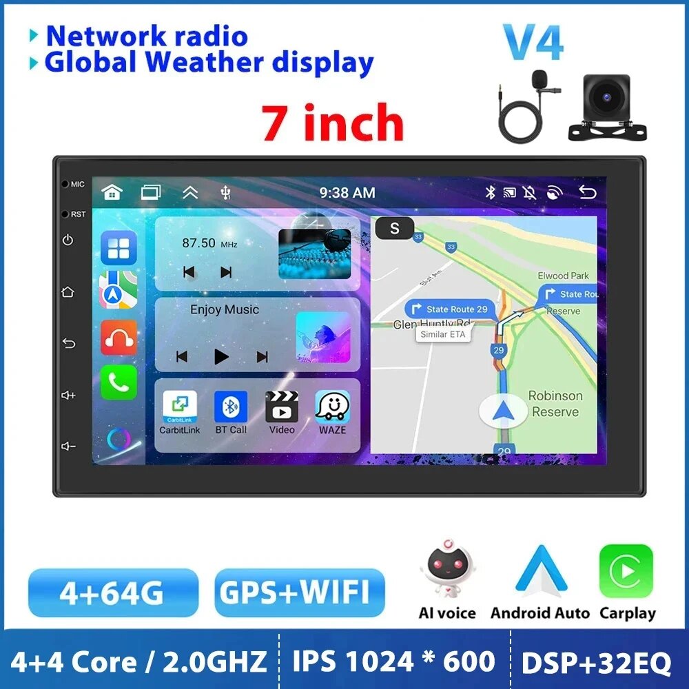 Podofo 8G 256G Автомобильный радиоприемник GPS 2 din Android 11 Auto Carplay Универсальный 7 "для Volkswagen Nissan Hyundai Toyota Мультимедийный плеер 4Core 4 64G AHD Cam