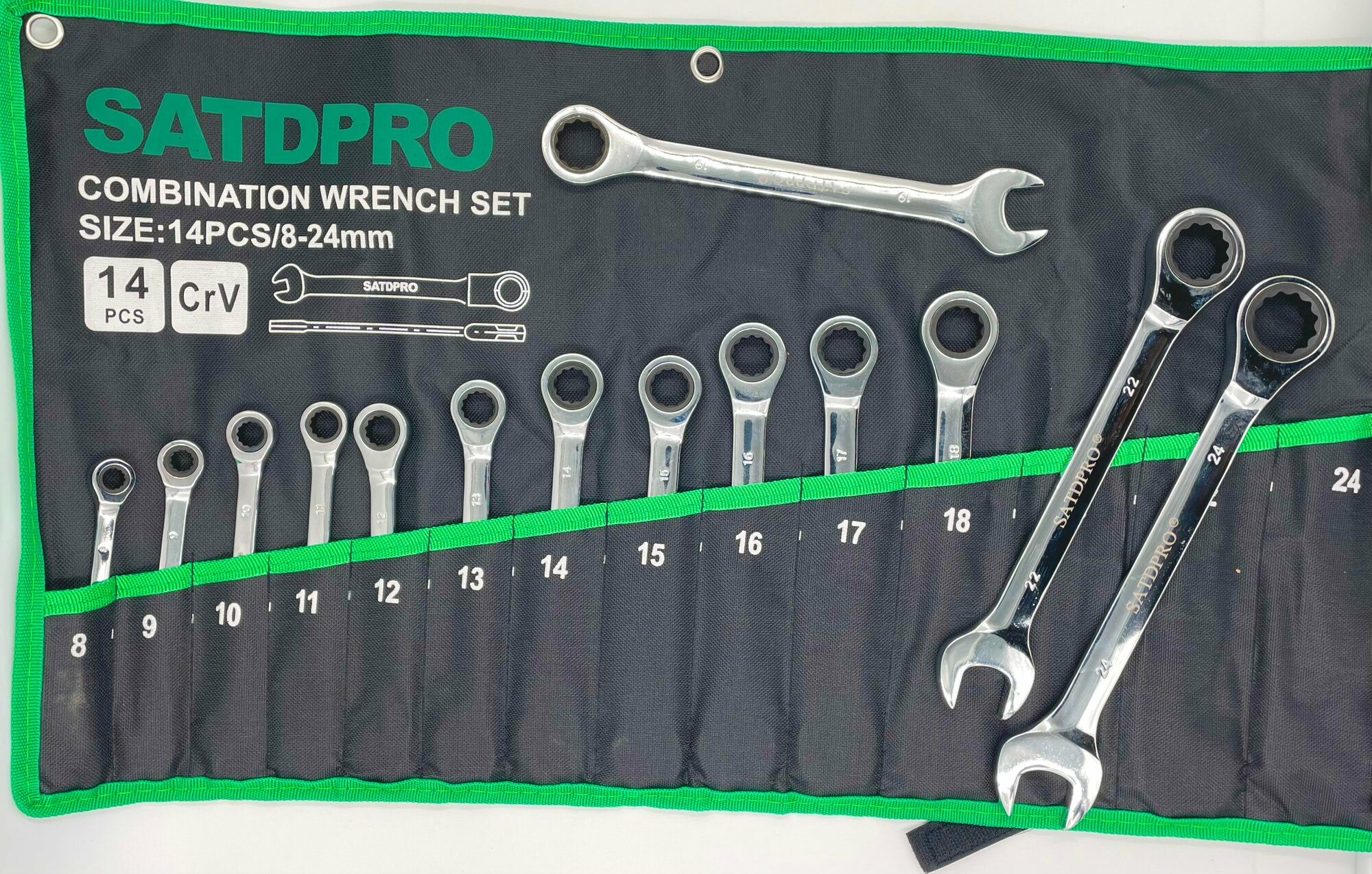 Набор комбинированных ключей SATDPRO 8-24 с трещоткой, 14 рожковые и накидные ключи