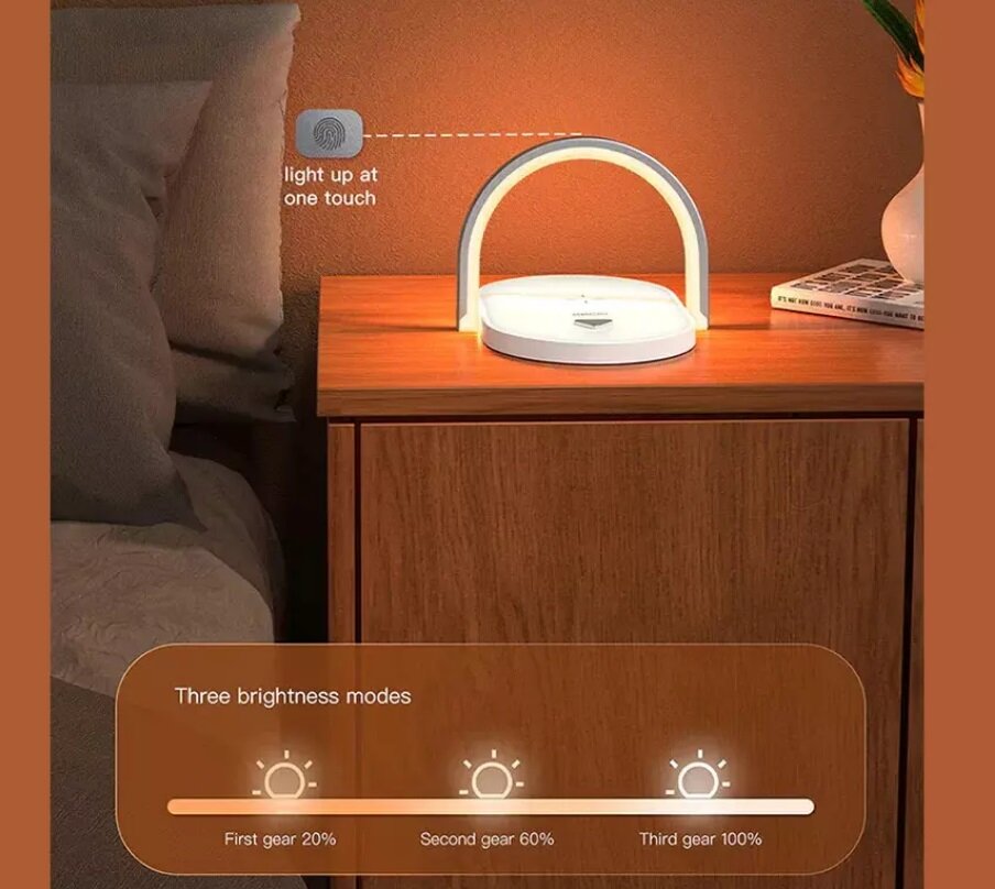 Беспроводная зарядка RECCI 3-in-1, QI 15W / LED Лампа 2.8W / Подставка + Адаптер EU 18W/QC3.0, Белый+Серый, RLS-L15