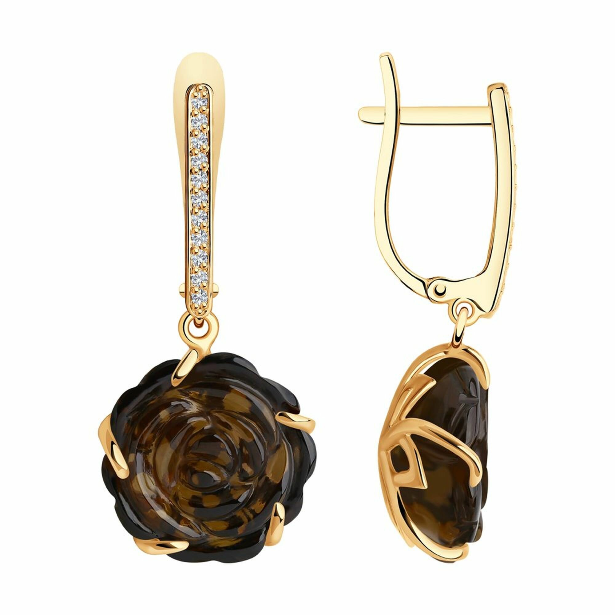 Серьги, красное золото, 585 проба, раухтопаз, фианит