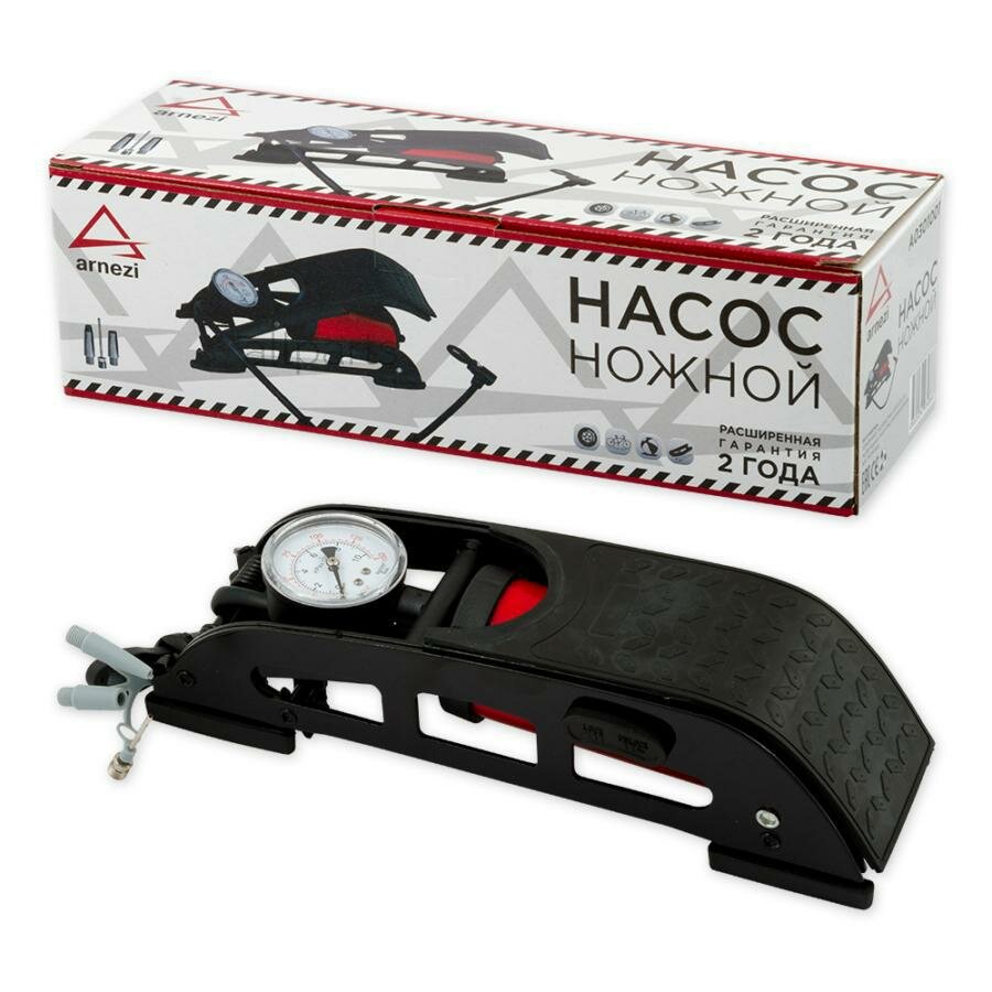 ARNEZI A0301001 Насос воздушный ножной, одноцилиндровый 270 см 3 с манометром 0-7Атм и шлангом L=60 см ARNEZI A0301001
