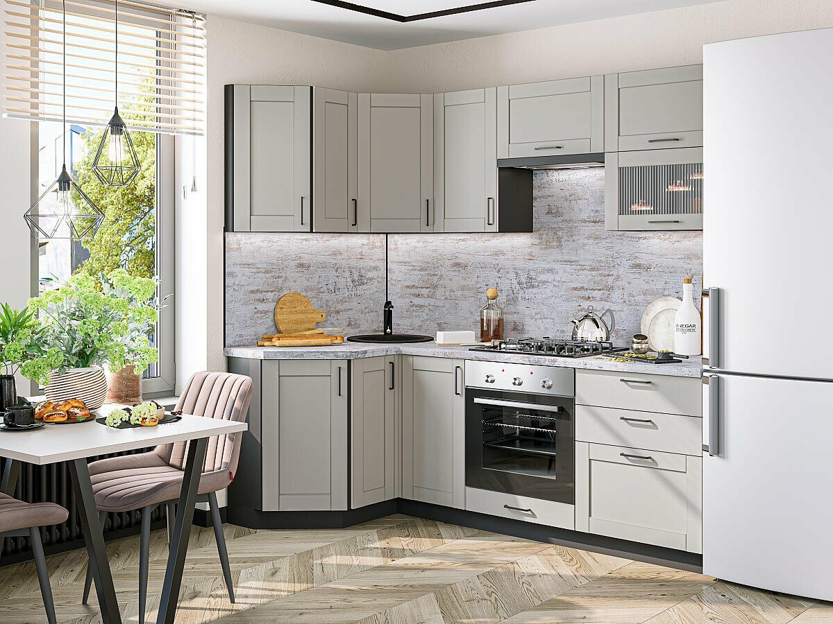 Кухонный гарнитур кухня угловая Лофт-03 2140*1200,2200*600 Grey Silk, Graphite