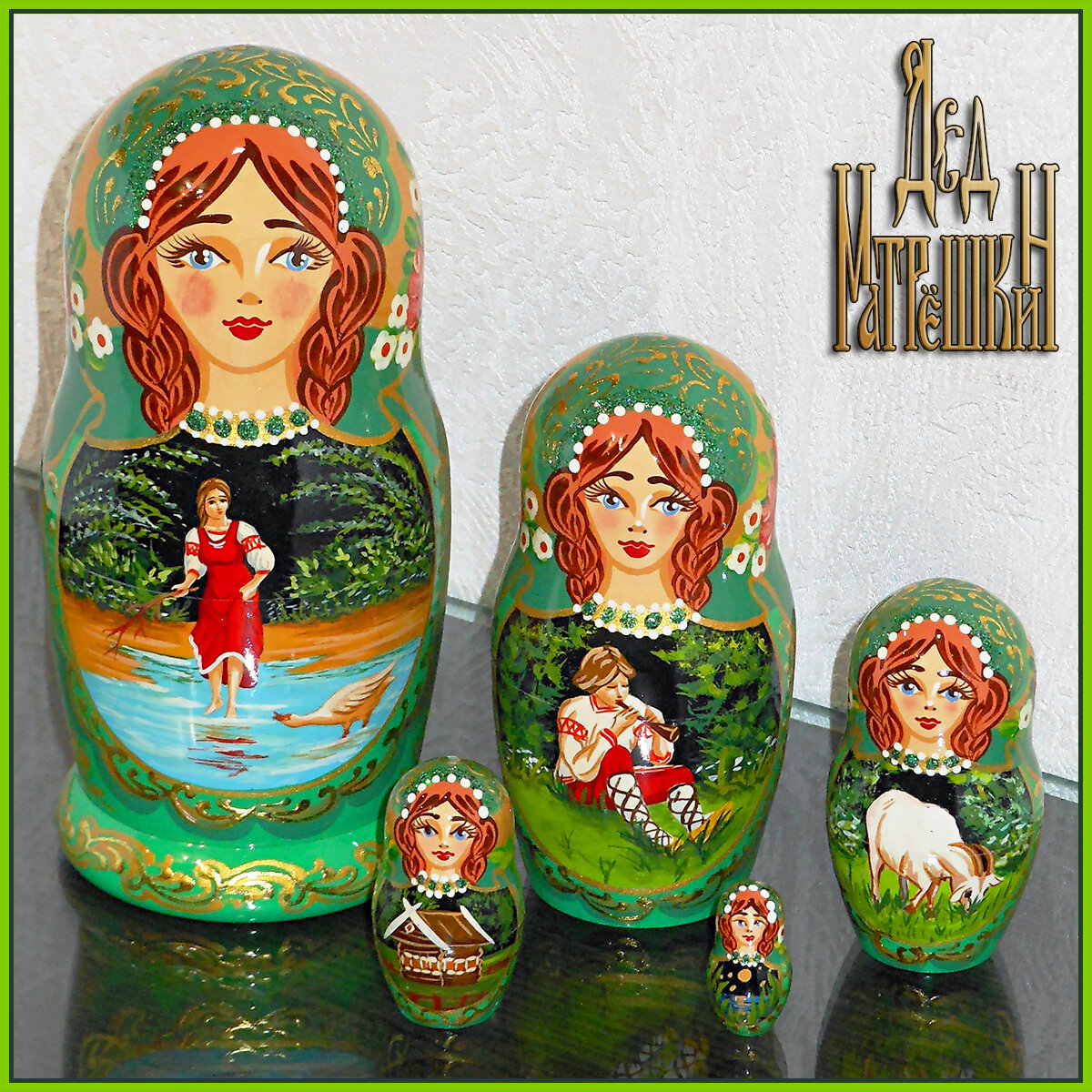 Матрешка деревянная 5-местная 15 см "Деревенские будни", модель №2, зелёная