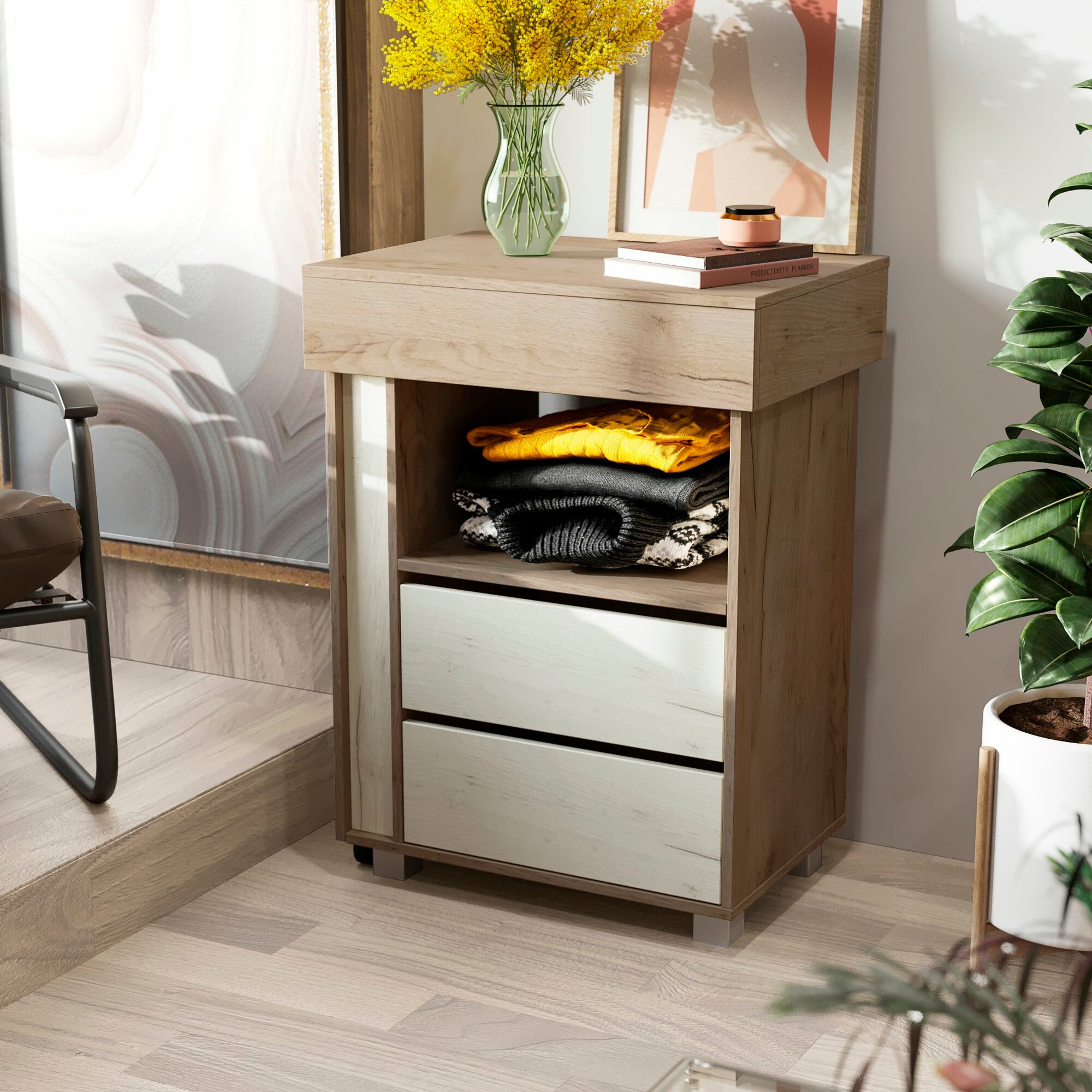 Комод гладильный 02 от ВНК-Мебель, размер 67*90*47.5см (в разложенном виде: 177.5*90*47.5см), цвет Дуб Крафт Серый/Дуб Крафт Белый