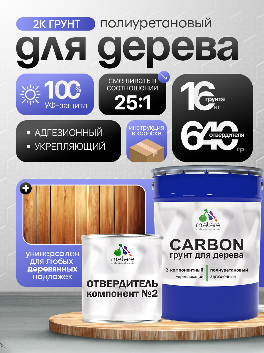 2К полиуретановый грунт Malare CARBON по дереву, двухкомпонентный износостойкий укрепляющий (16 кг + 640 гр отвердитель)