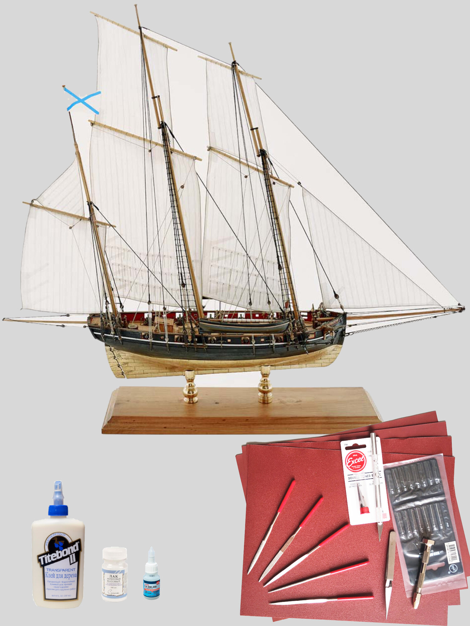Сборная модель корабля, люгер "Петергоф", 520 часов, 505х372 мм, М.1:72, подарочный набор, инструменты, лак, клея