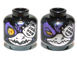 Minifigure, Head Dual Sided Alien Chima Raven with Silver Beak, Eye Patch and Dark Purple Feathers, Wide Eye / Narrow Eye Pattern (Rizzo), 3626pb0897 Black U