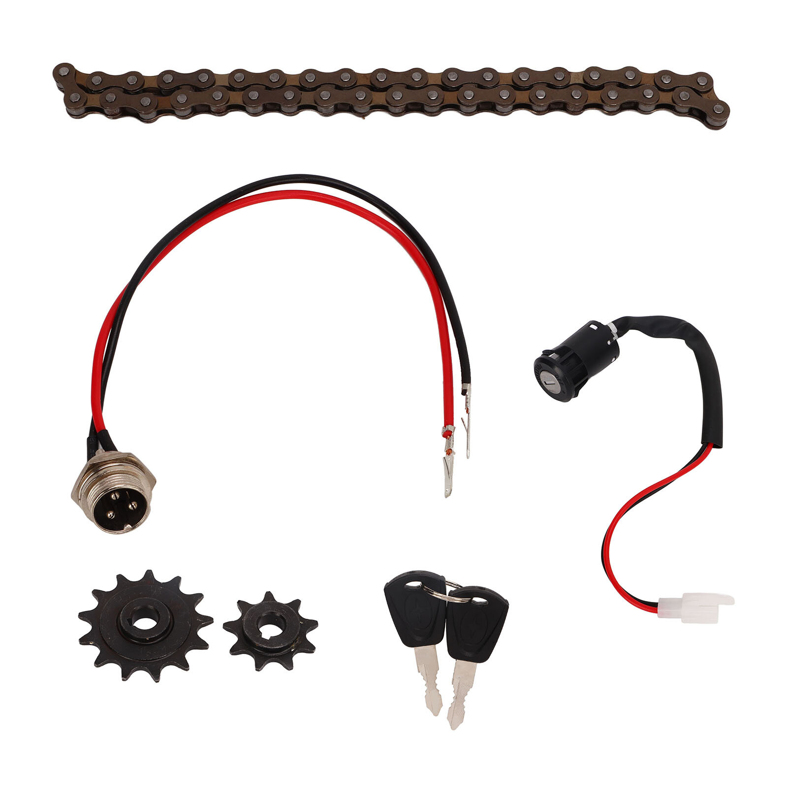 Комплект цепи для электровелосипеда (38 звеньев), цепь 410 (13 зубьев), цепь 410 (9 зубьев) с пазом для ключа, комплект электрического дверного замка.