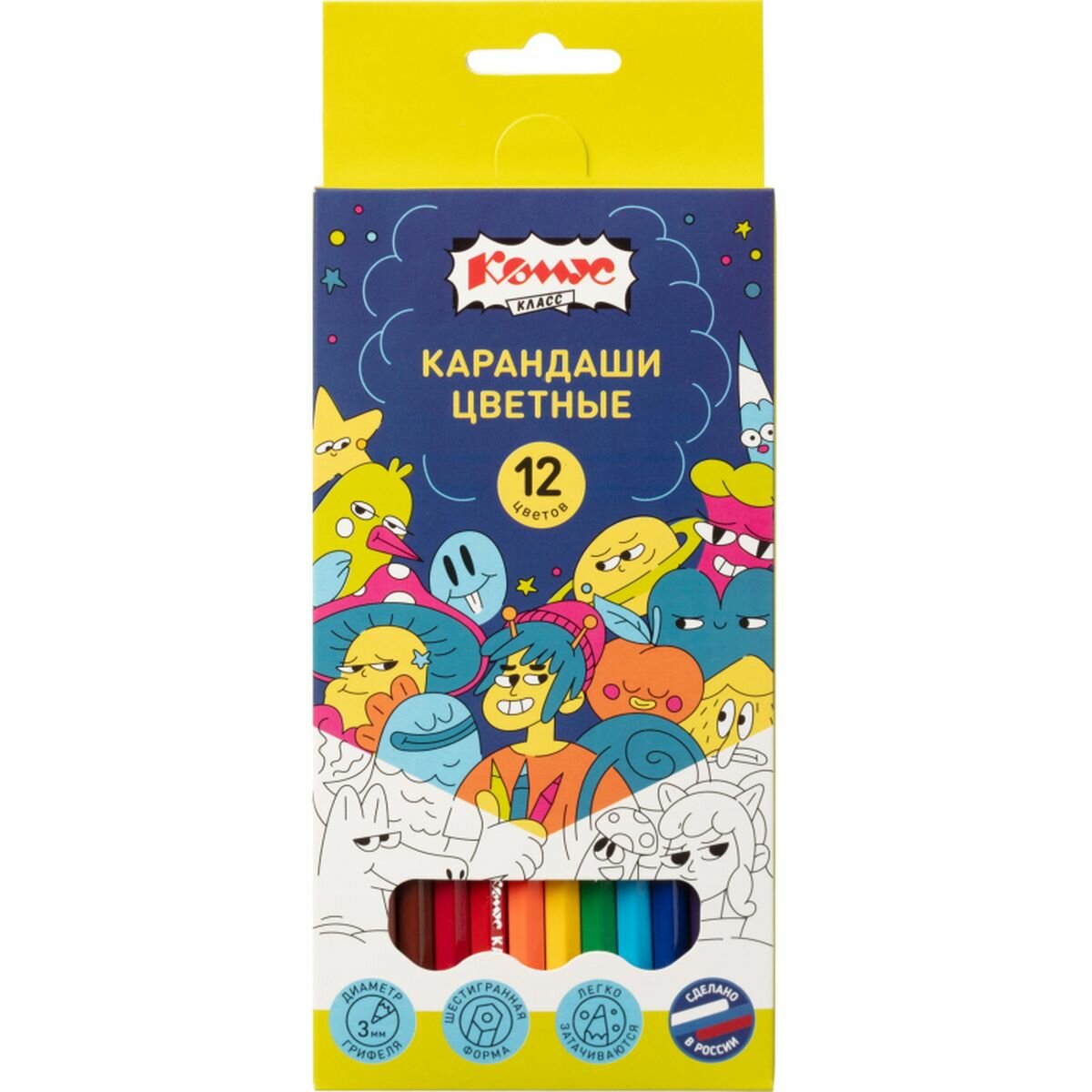 Карандаши цветные 12 цветов Комус Класс Максики (L=175мм, d=3мм, пластик) (1943202), 64 уп.