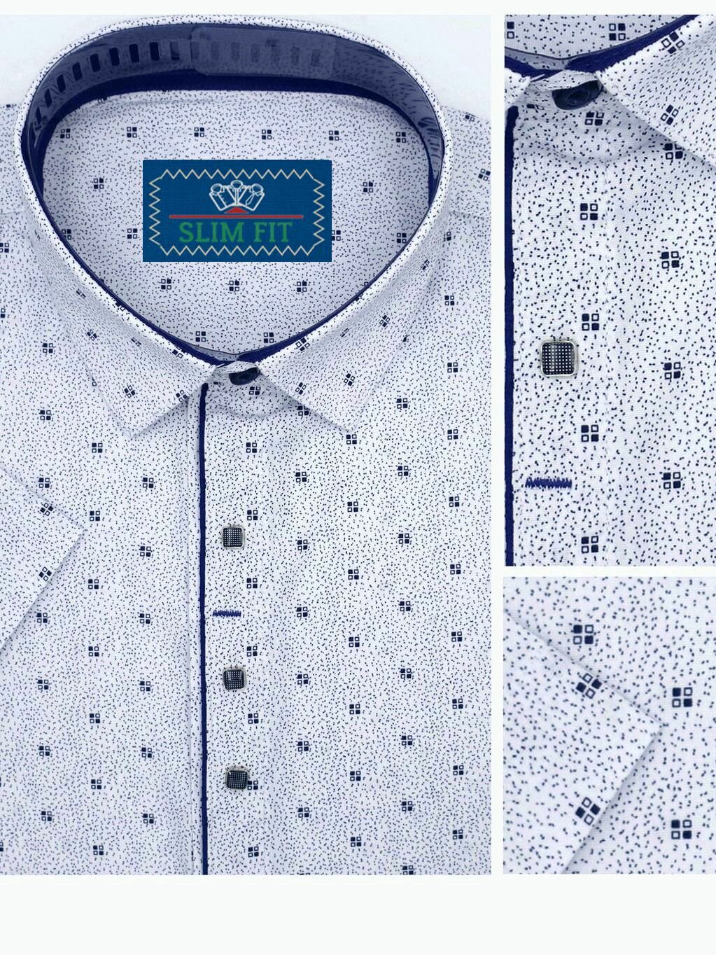 Рубашка Рубашка мужская с коротким рукавом, приталенная, светлая сорочка, на кнопках и пуговицах, рубаха на любой сезон, стильный фасон одежды, серая, в мелкий рисунок, без карманов, с отделкой