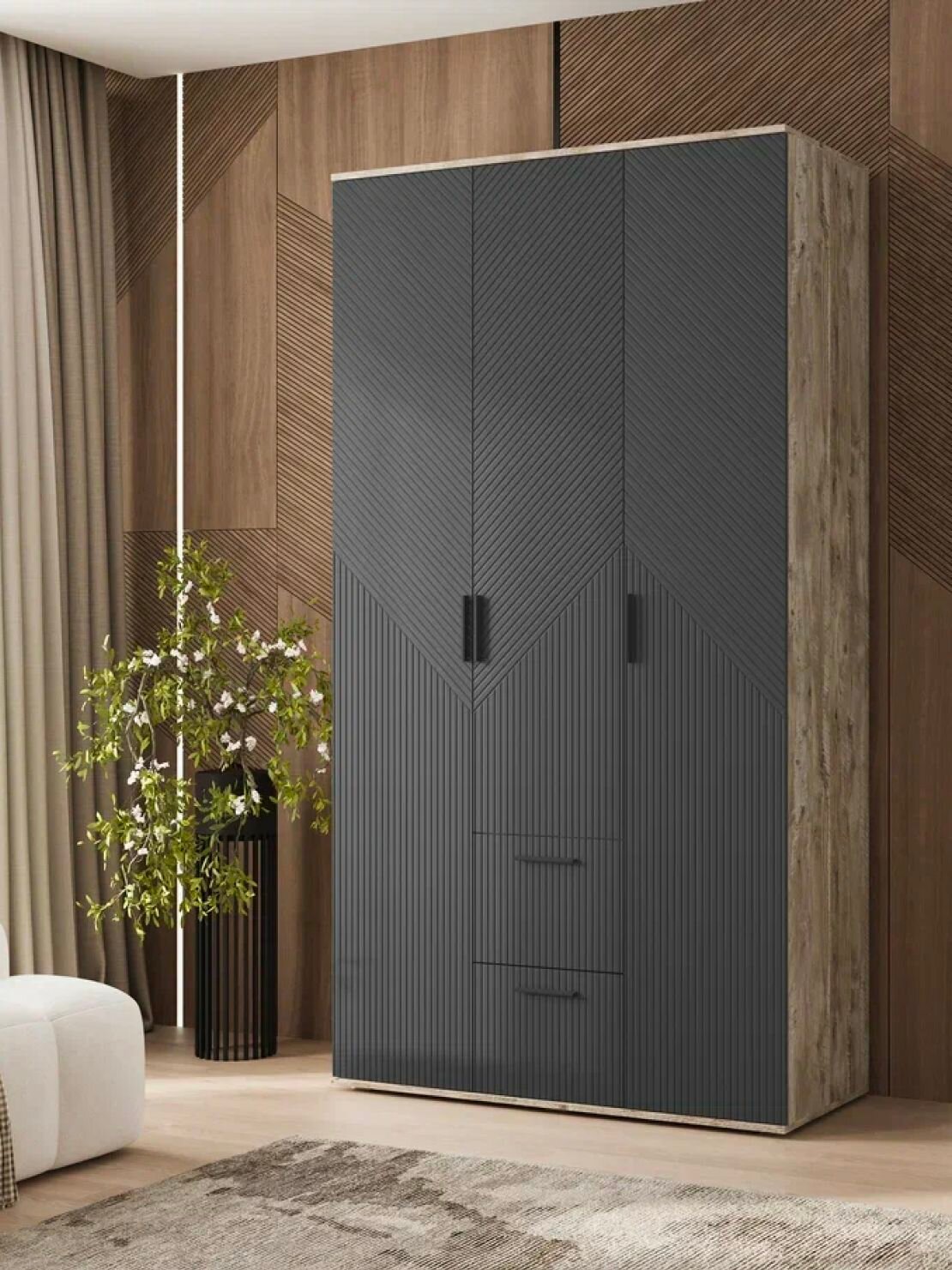 Шкаф распашной 3-створчатый Сильвия (120х223.6х51) Браш Графит/Дуб Юкон