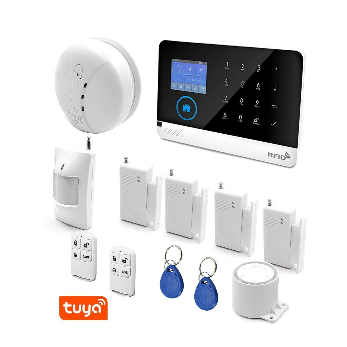 Набор: беспроводная пожарно-охранная TUYA GSM / Wi-Fi сигнализация Страж Око-11 (TUYA) (K6559RU) с 11 разными датчиками в комплекте для загородного д