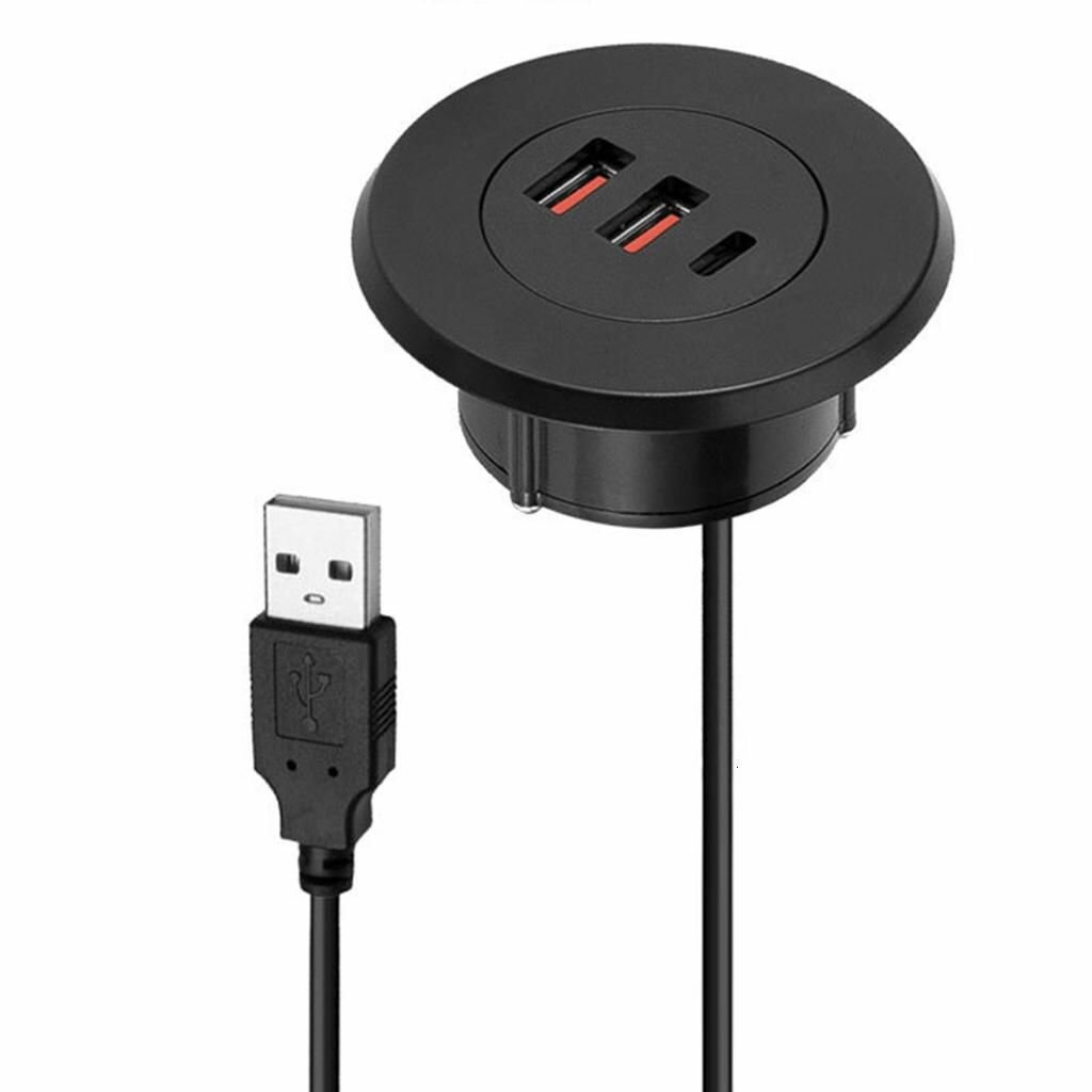 Встраиваемый USB Type C зарядный адаптер для офисного стола с 3 портами, Черный