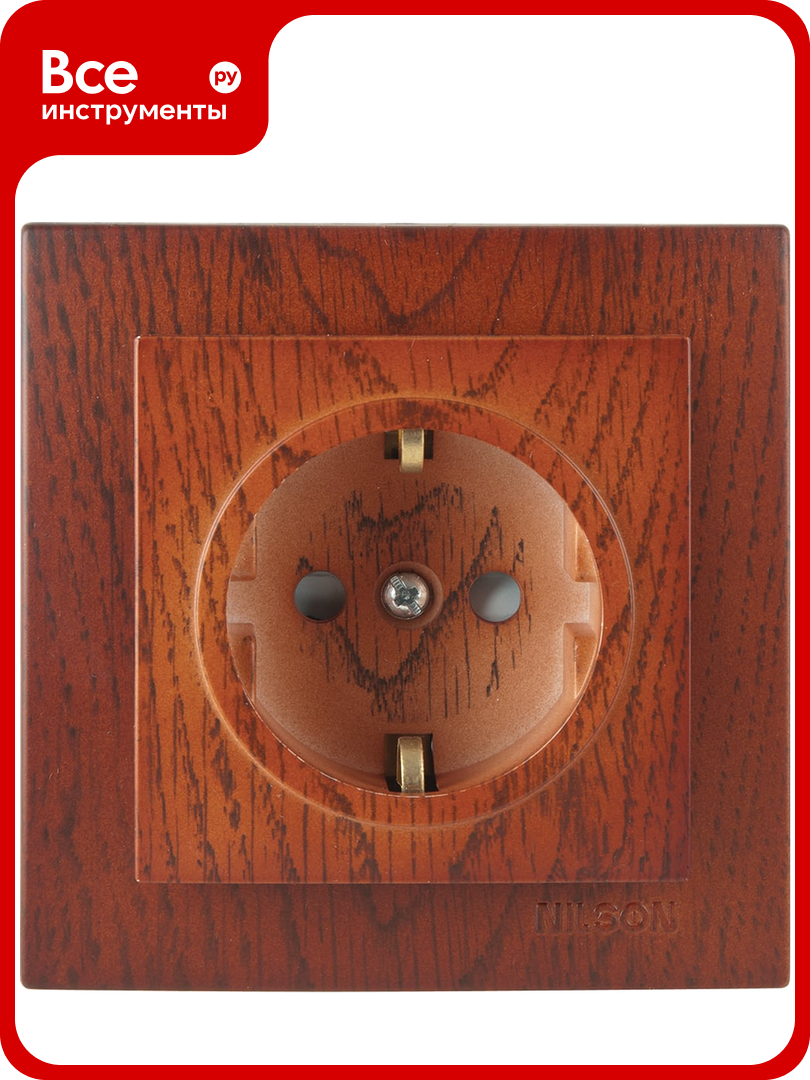 1-местная розетка Nilson СУ с заземляющим контактом, с защитной шторкой, TOURAN WOOD, черешня