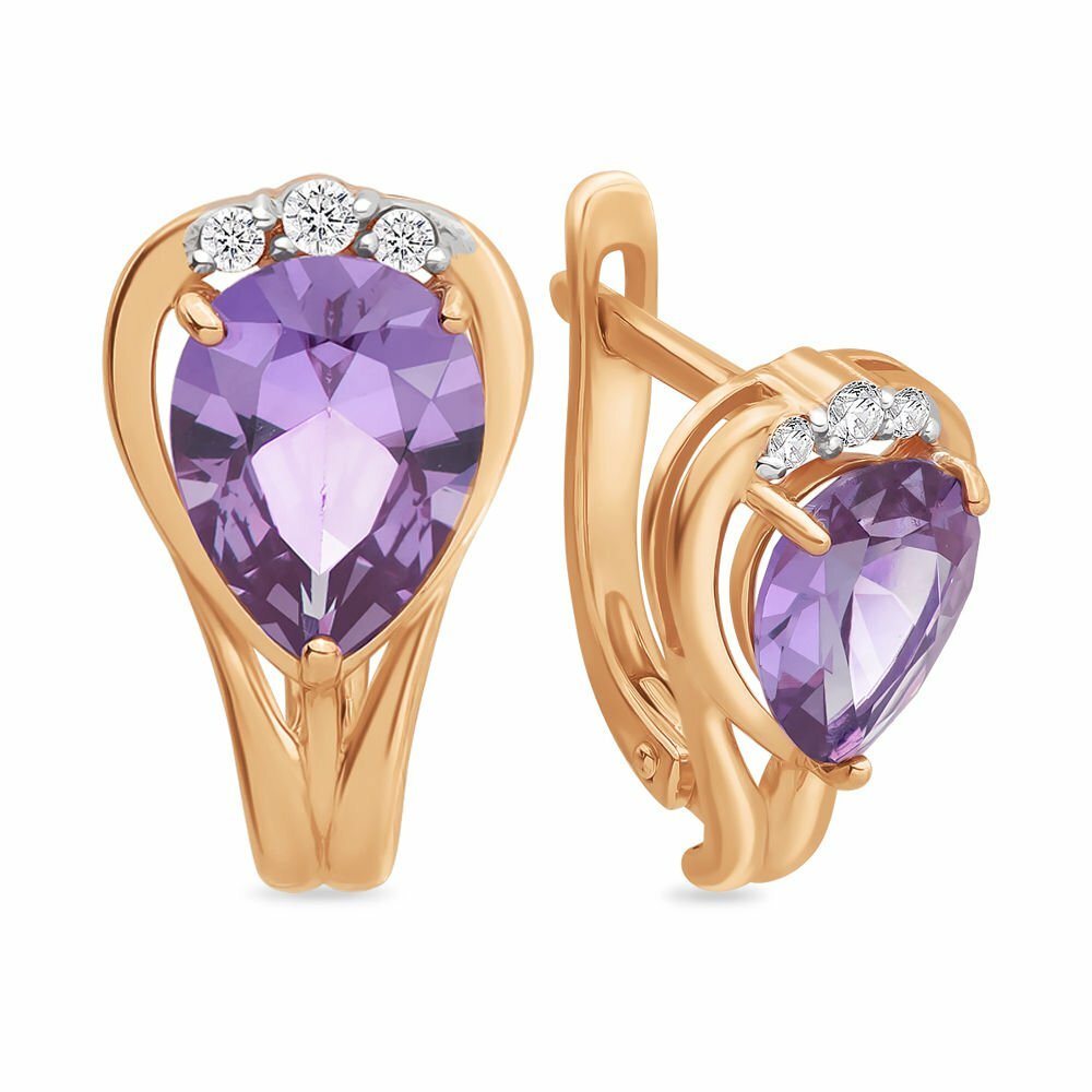 Серьги, красное золото, 585 проба, родирование, александрит синтетический, фианит