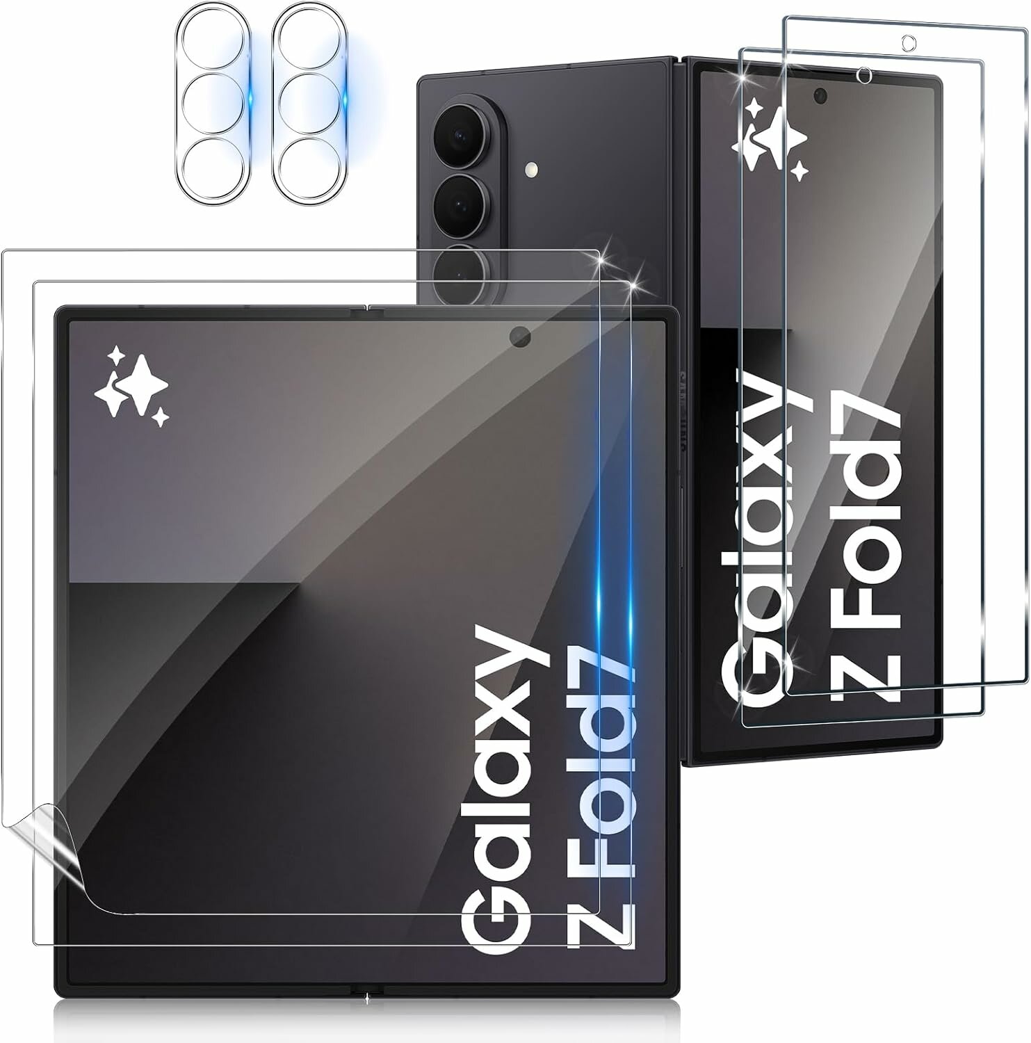 Закаленное стекло для Samsung Galaxy Z Fold 7 / Z Fold7, 2 шт, твердость 9H, защита переднего + 2 шт, гибкая внутренняя + 2 шт. задней камеры, HD стеклянная пленка
