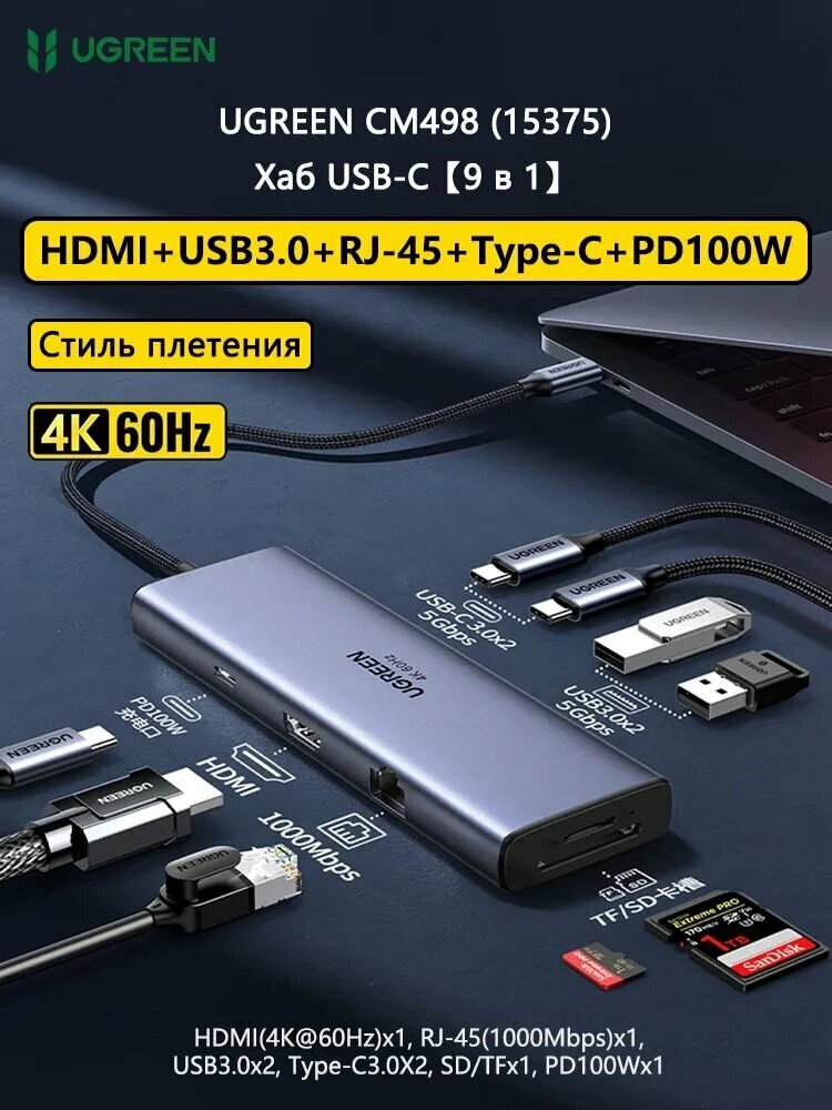 UGREEN CM498 (15375) Хаб USB-Концентратор 9-in-1,4K(60HZ) HDMI, RJ45, USB3.0, USB-C 5Gbps, SD, TF, PD 100W Hub