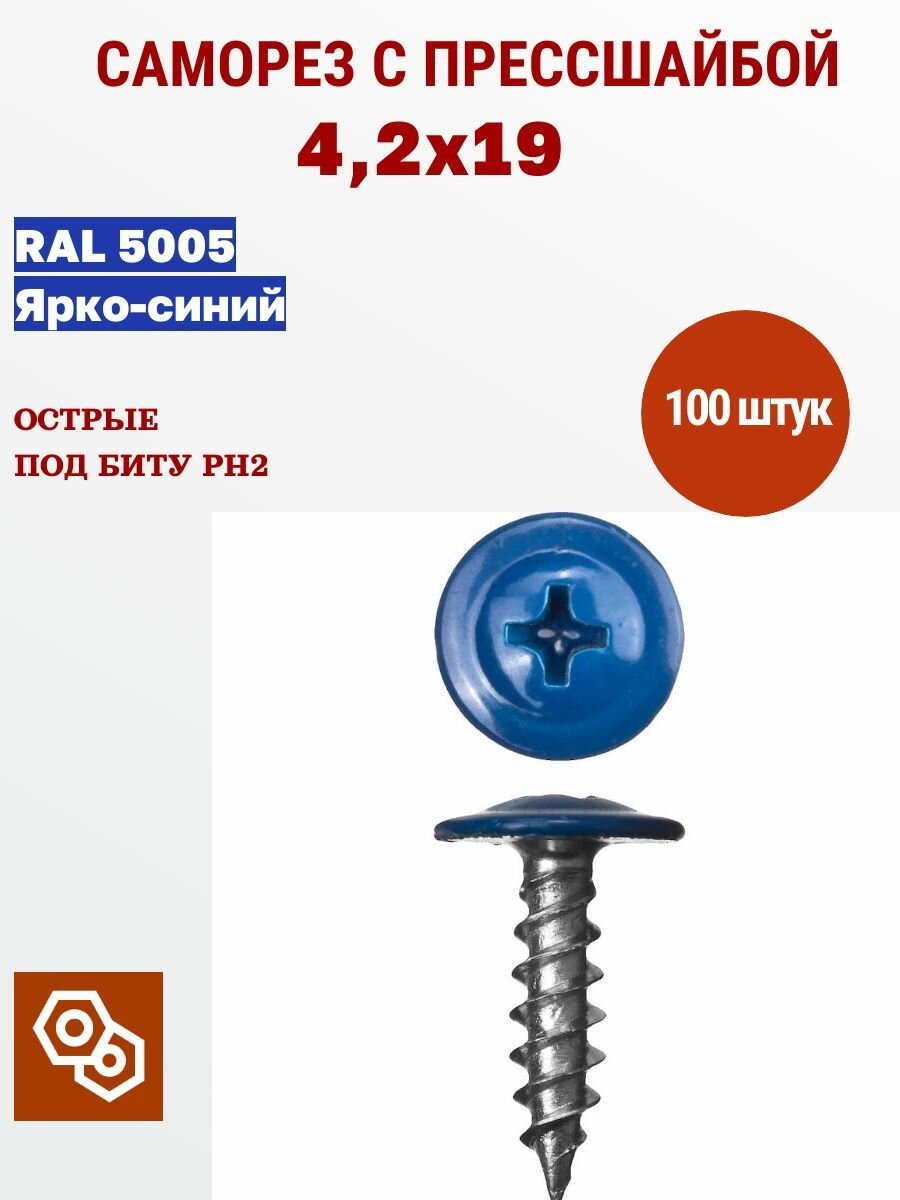 Весь крепеж Саморезы с прессшайбой 4,2 х 19 RAL 5005 ярко-синий (100 штук)