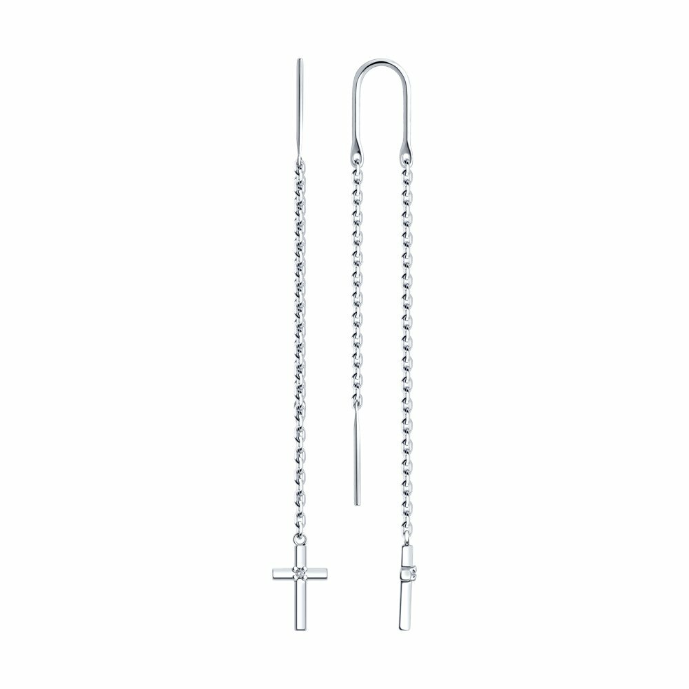 Серьги цепочки, серебро, 925 проба, родирование, бриллиант