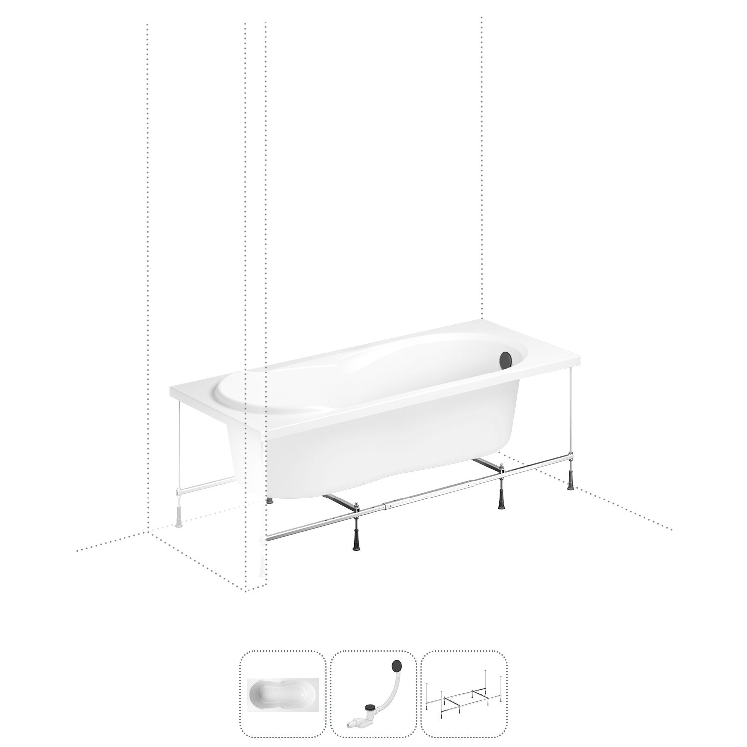 Акриловая ванна 150x70 с каркасом Lavinia Boho Easter Pro 202011012 в наборе 3 в 1: прямоугольная ванна 150 x 70 см, слив-перелив, каркас