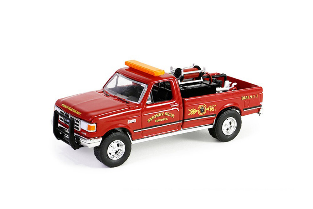 Ford F-250 пикап с пожарным оборудованием "carelessness kills tomorrow's trees too! prevent forest fires!" 1990 red (длина модели 6-10 см)