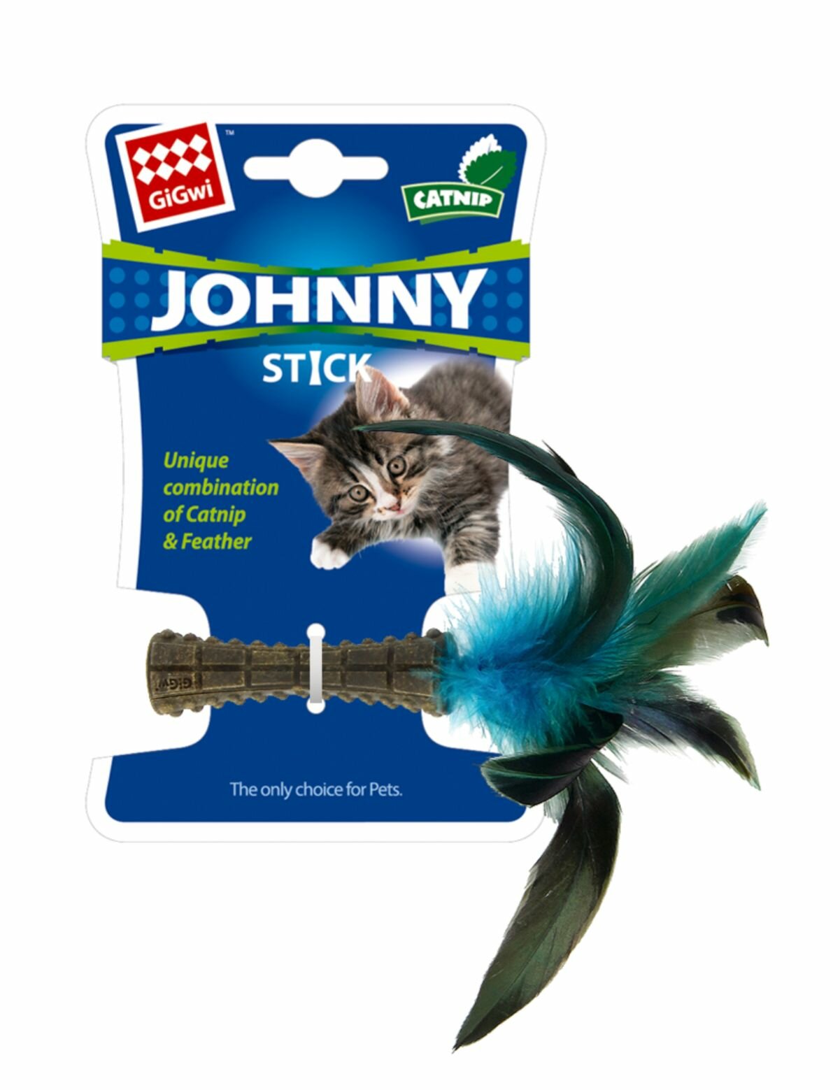 Gigiwi игрушка дразнилка для кошек Спрессованная кошачья мята с перьями 8 см, синяя, серия JOHNNY STICK