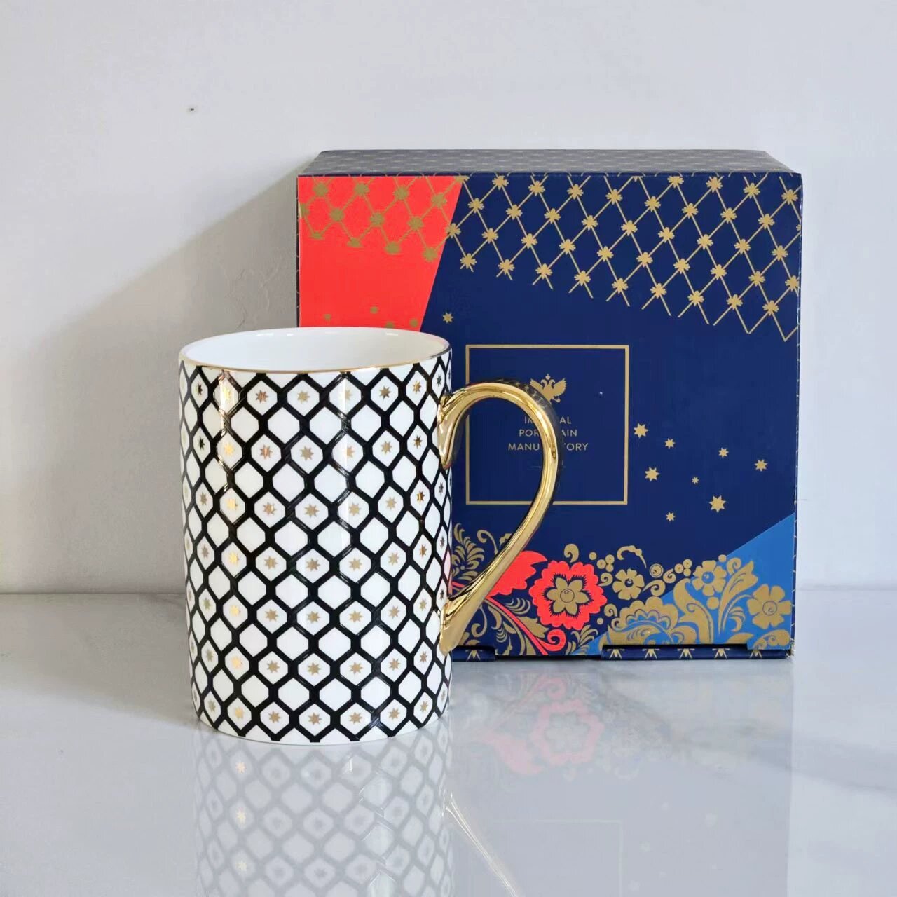 Кружка из костяного фарфора | Ромбовидный узор | 300 мл | Элегантный подарок