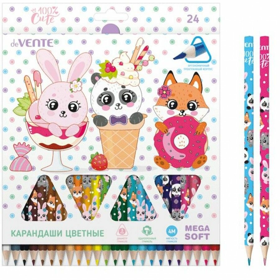 Карандаши цветные deVENTE 24 шт, 100% Cute 3 мм, 4М, трехгранные, пластиковые, с запечаткой