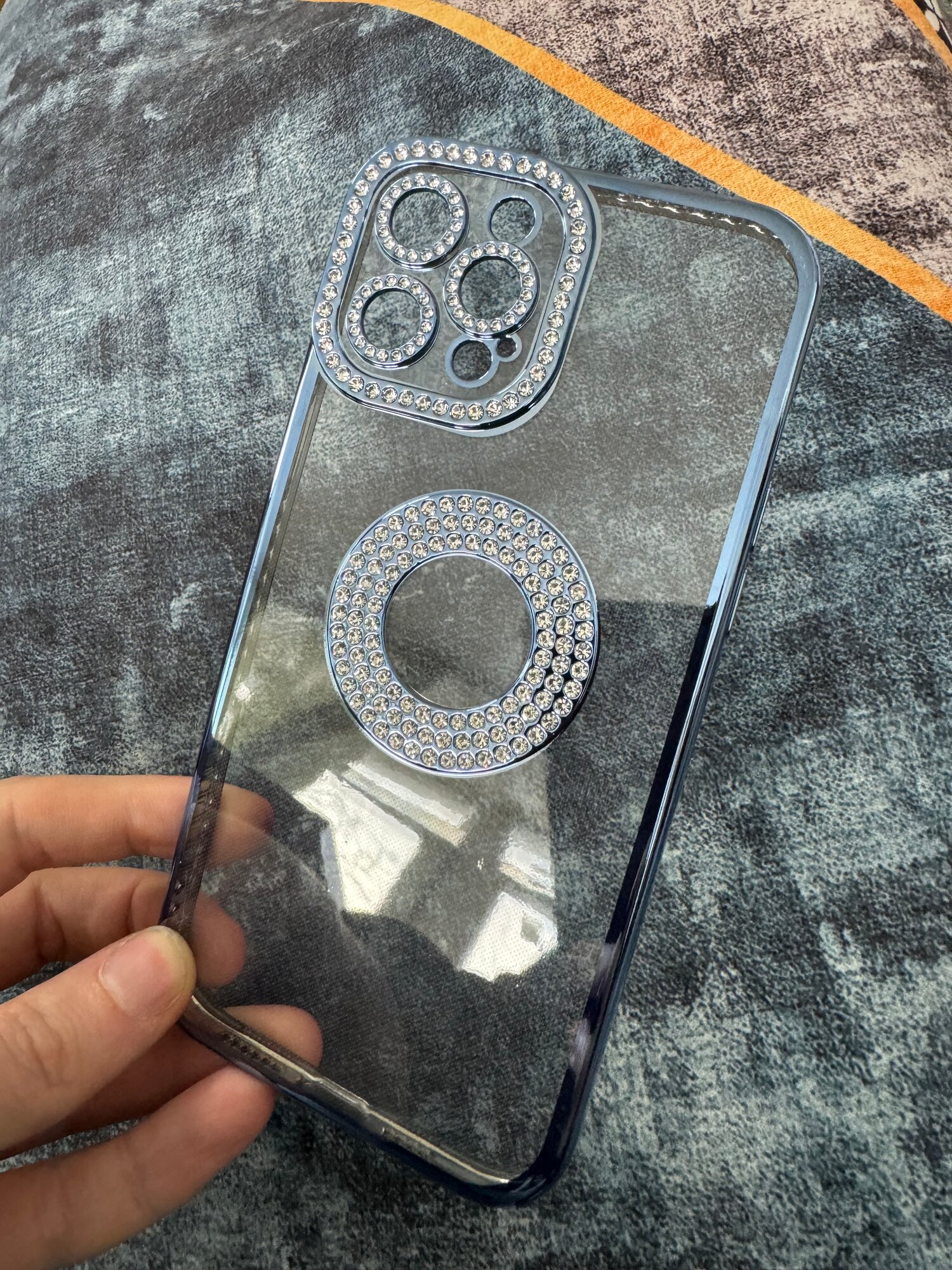 Чехол панель накладка бампер на iPhone 12 Pro Max с защитой задней камеры со стразами и рельефным кольцом, синий