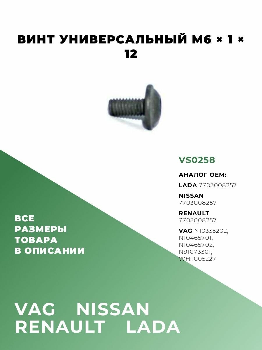 Винт универсальный M6 х 1 х 12; ОЕМ: 7703008257; N10335202; N10465701; N10465702; N91073301; WHT005227; VS0258