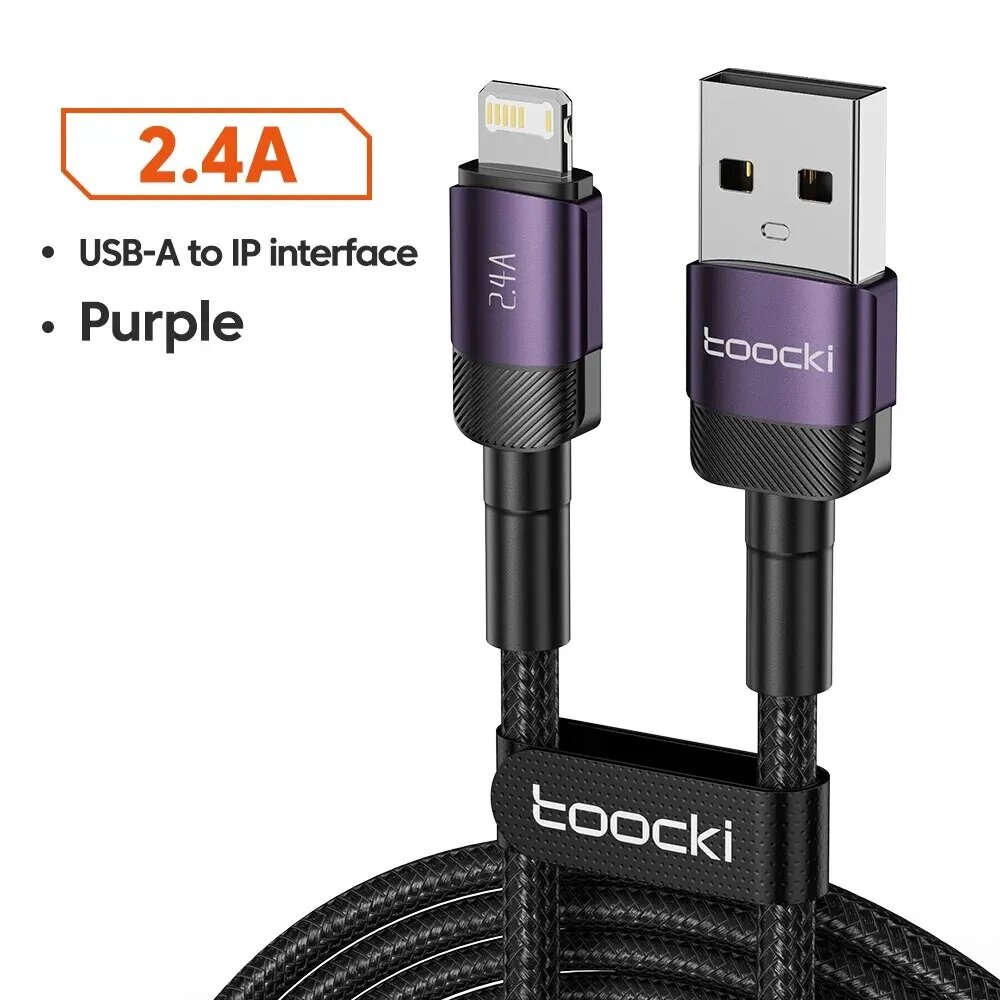 USB-кабель Toocki Lightning Для iPhone 14/13/12/11 Pro/Max/Xs/Xr/8, Плетеный Кабель Для 1m Purple