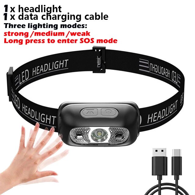 Портативный налобный фонарь с ИК-датчиком 2000 мАч Черный, sensor lamp