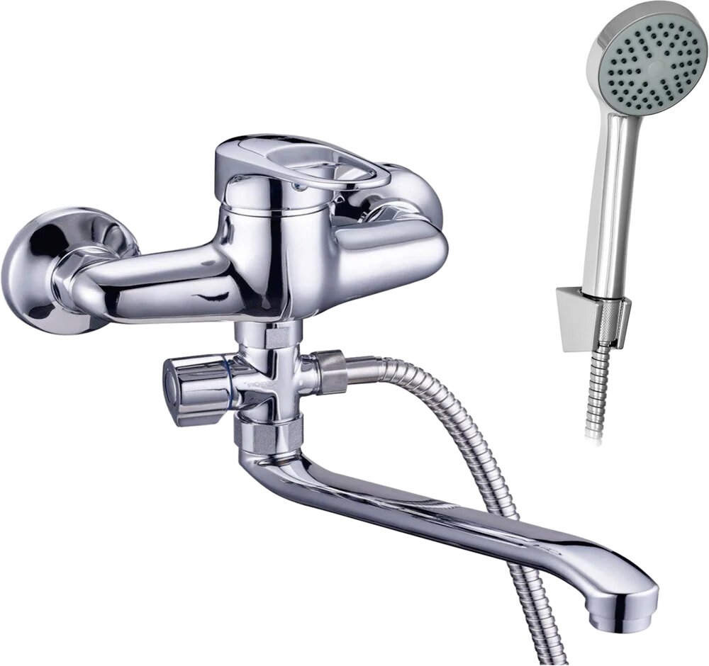 Смеситель с длинным изливом для ванны D-lin 404-6 D140404-6 с душевым гарнитуром, поворотный, металлический, хром, глянцевый, смеситель для ванны с душем, рычажный, с настенным держателем