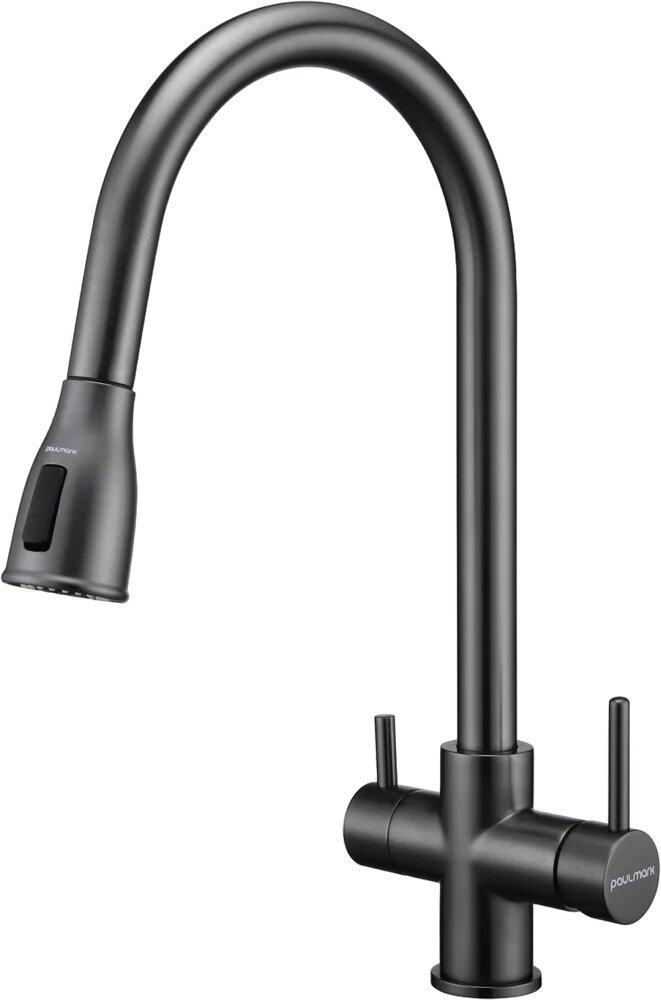 Смеситель для кухни Paulmark Lange 214212-GM с краном для питьевой воды, с поворотным изливом, однорычажный, латунный, с керамическим картриджем