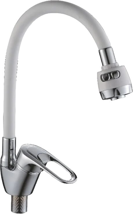Смеситель для кухни Cron CN04 CN4304 с гибким изливом, с поворотным изливом, хром, белый, глянцевый, однорычажный, с керамическим картриджем