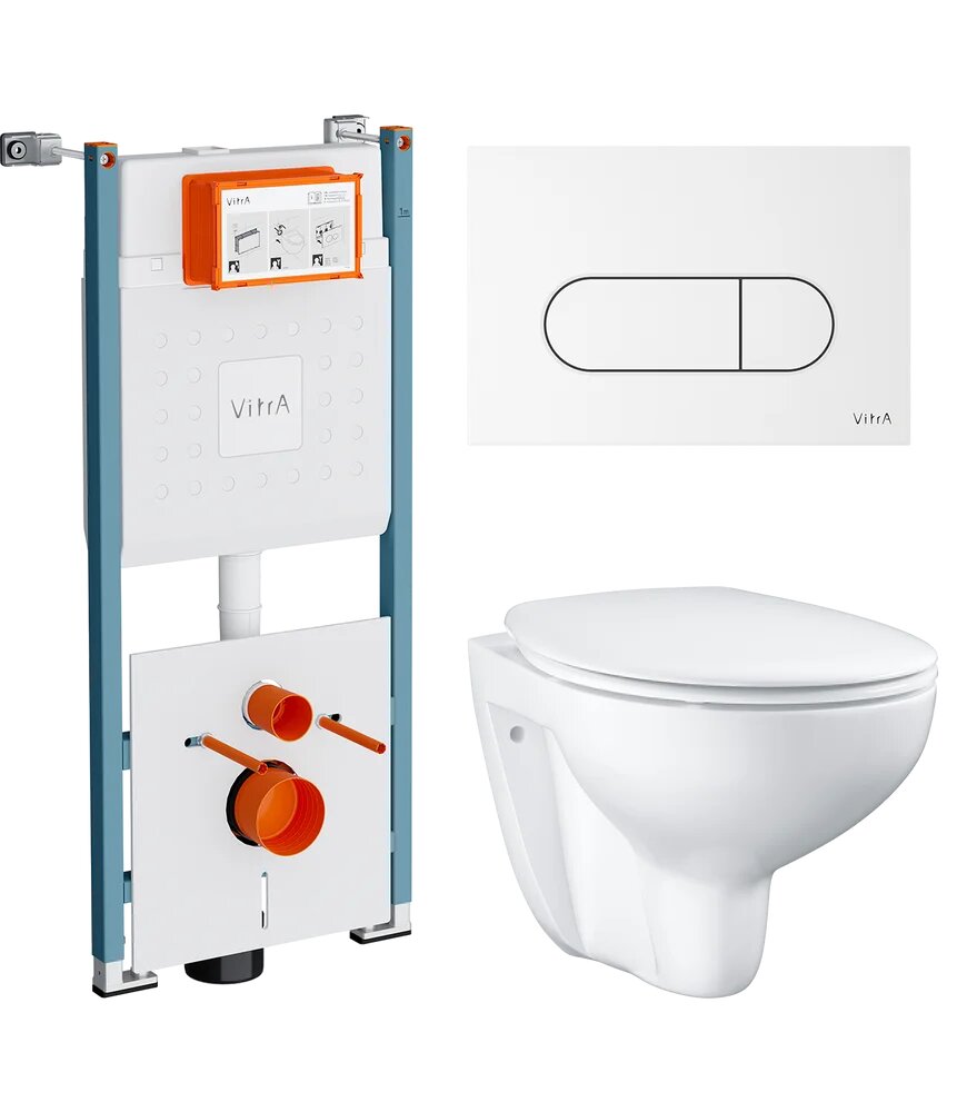 Комплект 3 в 1 Унитаз подвесной Grohe Bau Ceramic 39351000 / Инсталляция VitrA V-Fix Core 732-5800-01PV / Кнопка Root Round 740-2200 цвет глянцевый белый