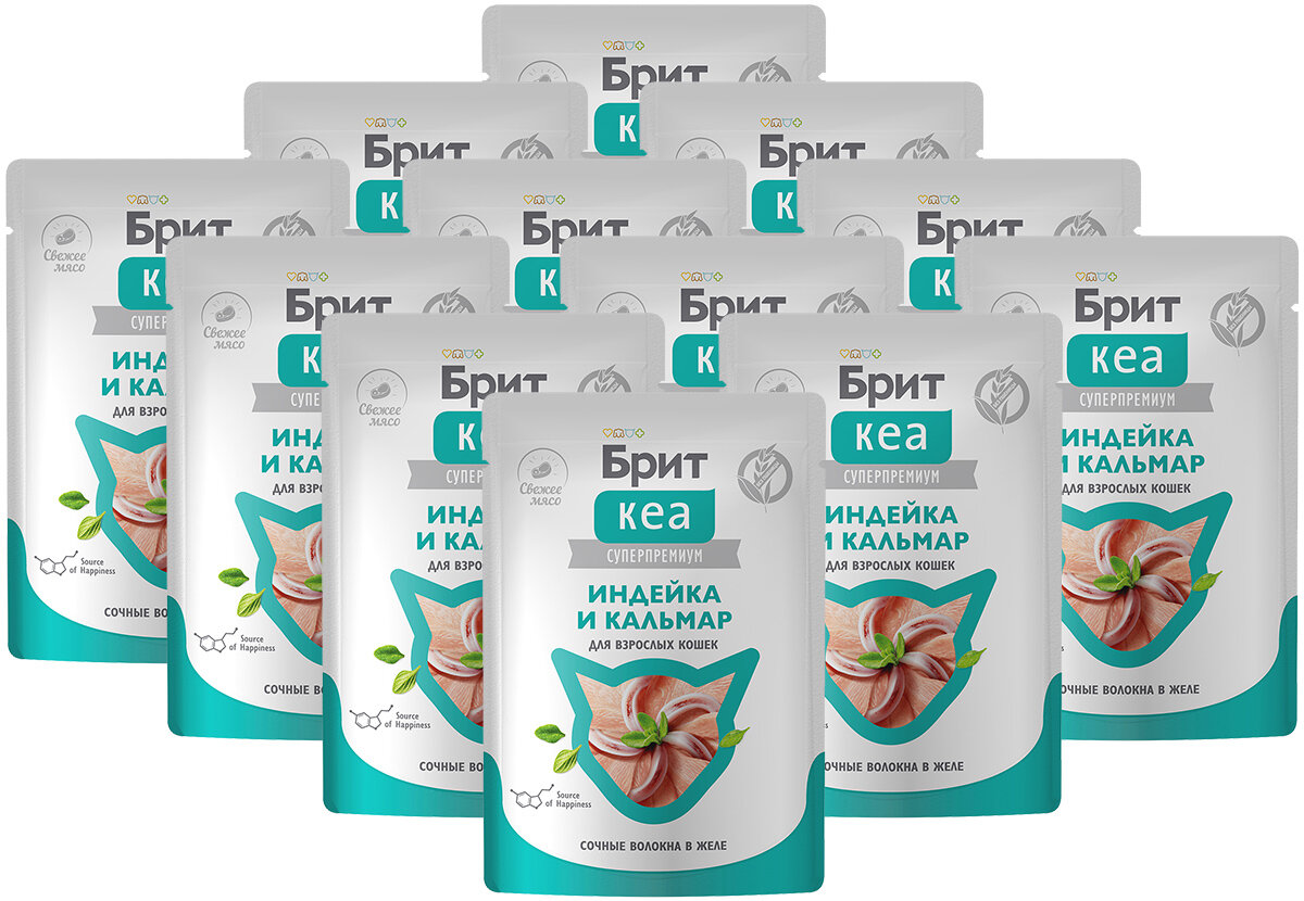 Корм влажный Brit Care для взрослых кошек с индейкой и кальмаром пауч кусочки в желе, 75 г х 12 шт