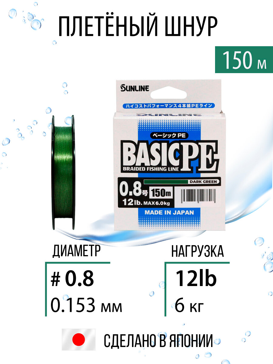 Шнур для рыбалки плетеный BASIC PE HG #0.8/12lb 150m Dark Green, плетёнка рыболовная, леска для спиннинга.