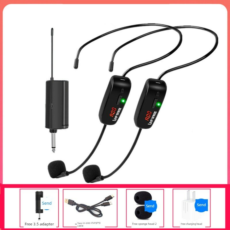 Беспроводная система микрофона Bluetooth: Двойная гарнитура с дисплеем громкости/частоты для вокала на сцене, усилитель