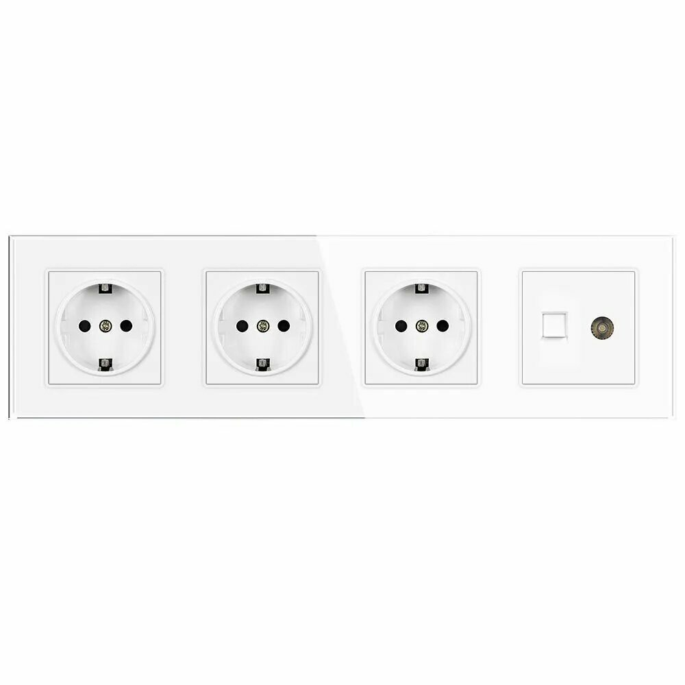 Розетка электрическая 4 поста 220В 16А+RJ45 ТВ-Компьютер Стекло Рамка белая