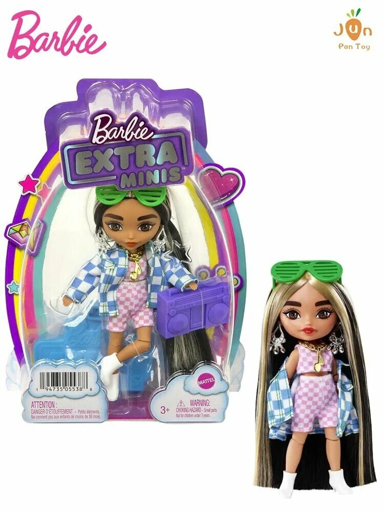 Кукла Барби Mattel Barbie Extra Minis Doll / 5.5 дюймов, Водолазка с принтом брызг и пушистым пиджаком, с подставкой для куклы и аксессуарами, включая миниатюрные солнцезащитные очки и поясную сумку