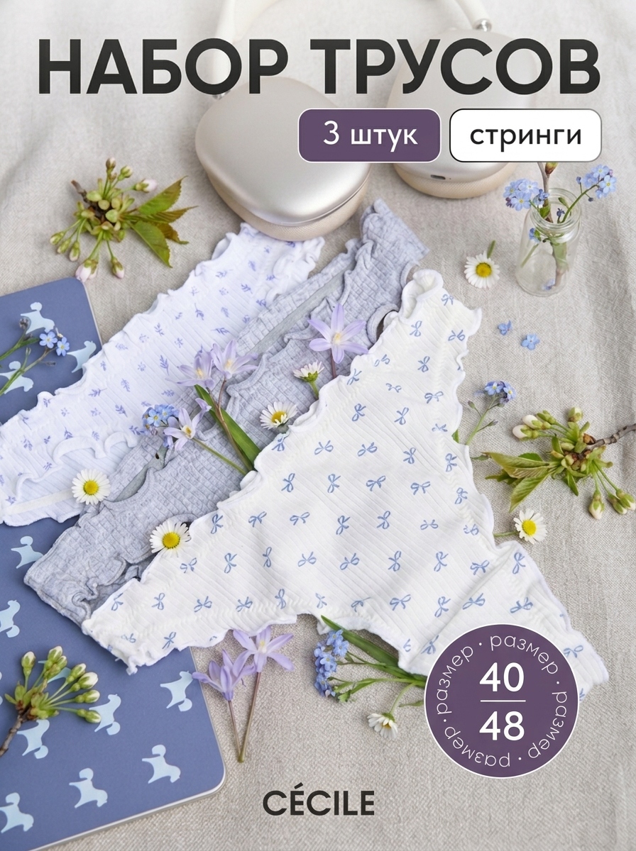 Трусы стринги зефирки хлопковые, комплект