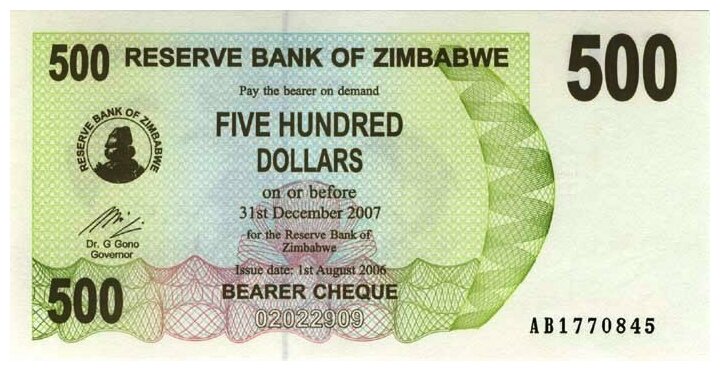 Зимбабве 500 долларов 2007 г «Африканская тигр-рыба» аUNC