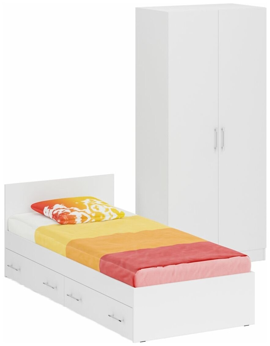 Кровать белая с ящиками 1900 со шкафом для одежды -х створчатым Стандарт, белый, см 1900х2000 мм, бм, основание